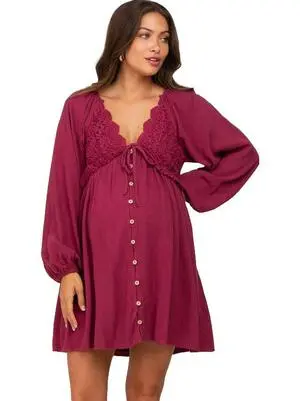 PINKBLUSH Crochet Lace Button Front Maternity Dress Burgundy