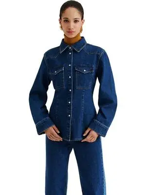 MALINA Anthea Fitted Waist Denim Shirt - Dark Blue Wash