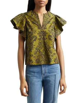 Ulla Johnson Severine Floral Cotton Top - Olive Flora