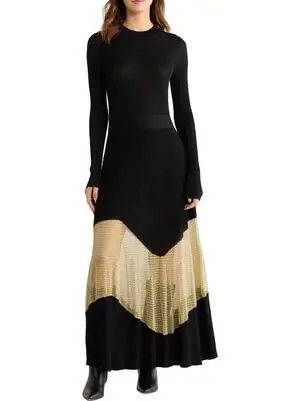Ulla Johnson Roanne Long Sleeve Metallic Maxi Dress - Gold Noir