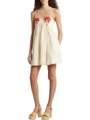 Farm Rio Coconut Tree Babydoll Mini Dress - Sand