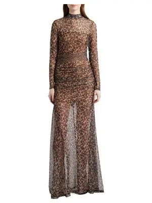 Black Halo Scarlett Long Sleeve Sheer Mesh Gown - Leopard Jersey