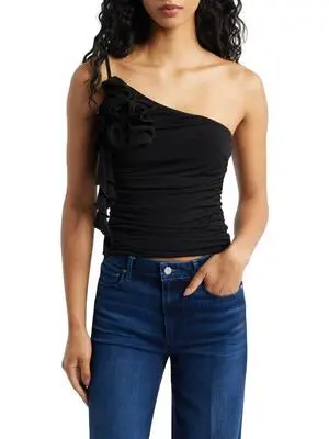 Mango Ruched Asymmetrical One-shoulder Top With Ruffle Trim - Black
