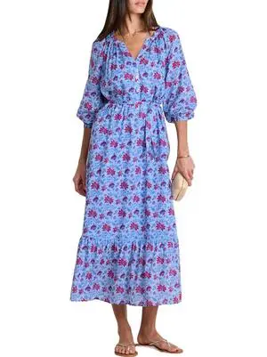 Vineyard Vines Floral Long Sleeve Cotton Blend Midi Dress - Floral Serenity Blue