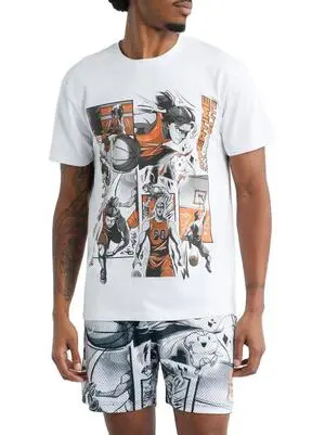 OVERTIME Anime Collage Cotton Graphic T-shirt - White
