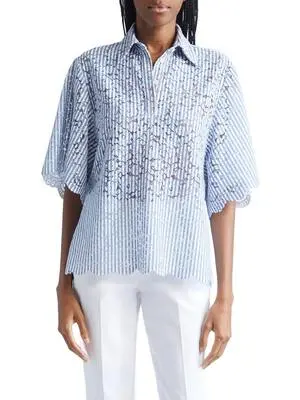 Michael Kors Stripe Floral Lace Shirt - Lake/optic White