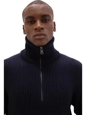 Johnstons Of Elgin Ribbed Cashmere Zip Neck Jumper - Navy