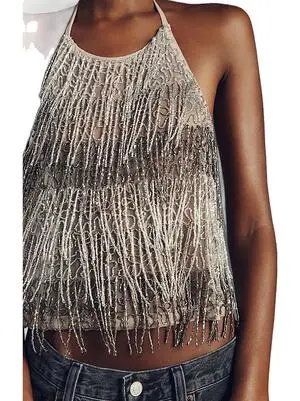 Anthropologie Beaded Halter Cami - Silver