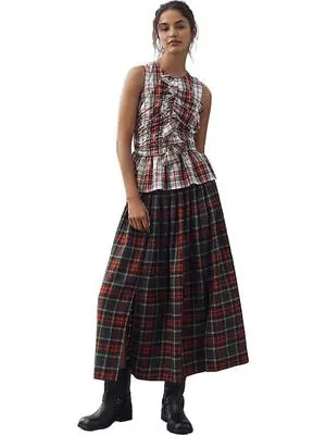 Hunter Bell Domic Pleated Wool Midi Skirt - Green Plaid