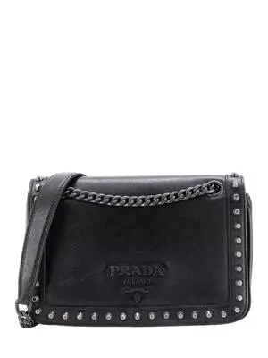 Prada Chain Flap Studded Glace Calf Small Crossbody Bag - Black