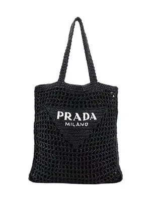 Prada Triangle Logo Open Raffia Tote Bag - Black