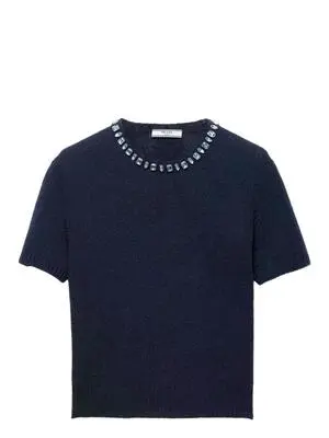 Prada Ribbed Knit Top With Jewel Embellishment - Blue