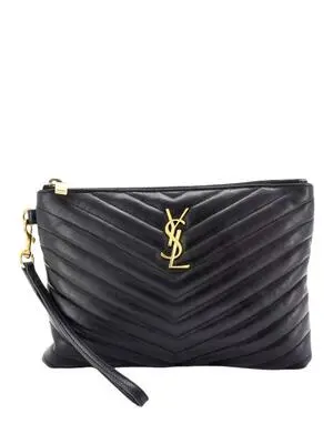 Saint Laurent Monogram Matelasse Chevron Leather Wristlet Pouch - Black