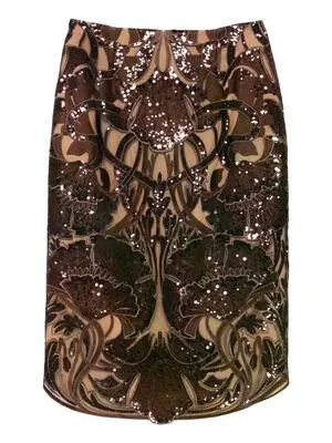 Elie Saab Sequin Floral Midi Skirt - Brown