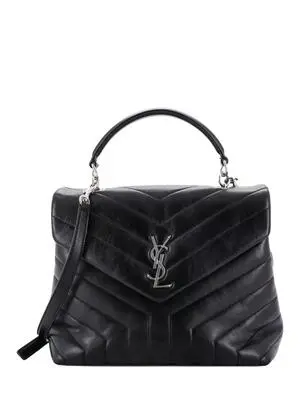 Saint Laurent Loulou Top Handle Matelassé Chevron Leather Medium Shoulder Bag - Black