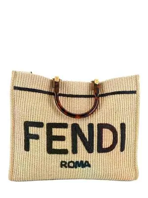 Fendi Sunshine Shopper Woven Raffia Medium Tote Bag - Neutrals