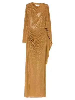 SELF-PORTRAIT Rhinestoned Draped Maxi Dress - Gold