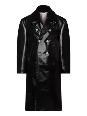Thom Browne Double-breasted Leather Coat With Shearling Collar - Black