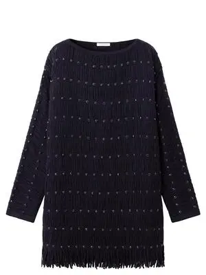 DIOTIMA Notte Fringed Embellished Open-knit Merino Wool-blend Mini Dress - Blue