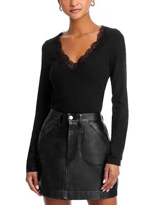 RE/DONE Lace V-neck Long Sleeve Top - Black