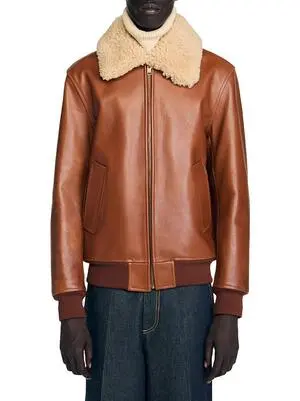 Sandro Leather Shearling Collar Jacket - Cognac