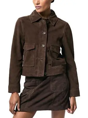 REISS Petite Suede Trucker Jacket - Chocolate