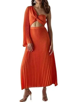 WAREHOUSE Chiffon One Shoulder Cut Out Midi Dress - Orange