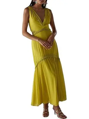 WAREHOUSE Chiffon Fringe Trim Cut Out Maxi Dress - Chartreuse
