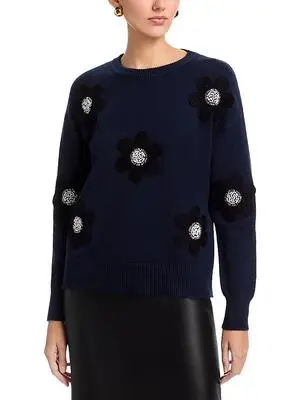 T Tahari Long-sleeved Floral Crewneck Pullover Sweater - Navy/ Black