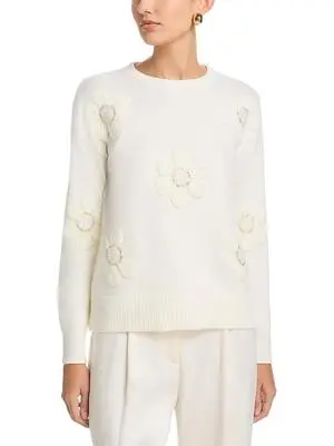 T Tahari Long-sleeved Floral Crewneck Pullover Sweater - White Star
