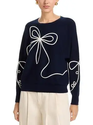 T Tahari Long-sleeved Bow-embroidered Crewneck Pullover Sweater - Navy/ White