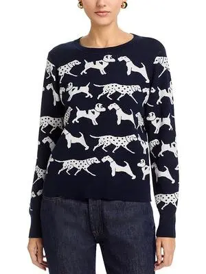 T Tahari Long-sleeved Dog Jacquard Crewneck Pullover Sweater - Navy/ White