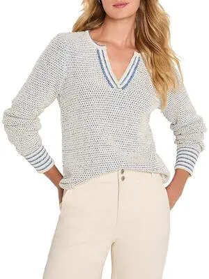 NIC+ZOE Tuck Texture Split Neck Sweater - Blue Multi