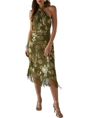 WAREHOUSE Metallic Chiffon Wrap Front Midi Dress - Olive