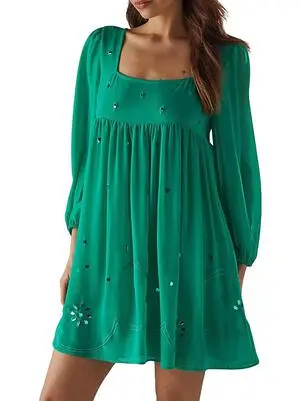 WAREHOUSE Hand Embellished Square Neck Mini Dress - Green