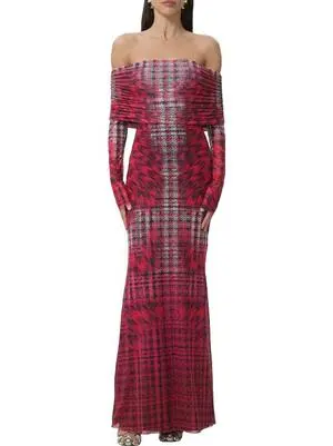AFRM Thelma Off-the-shoulder Long Sleeve Maxi Dress - Ruby Houndstooth