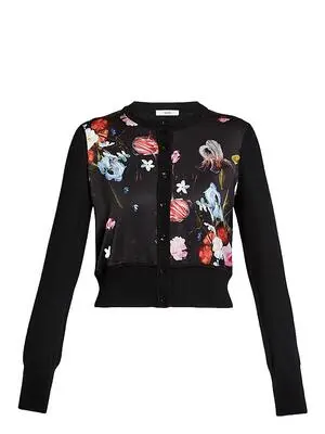 Erdem Cropped Merino Wool Cardigan - Dutch Flower Painting Bla