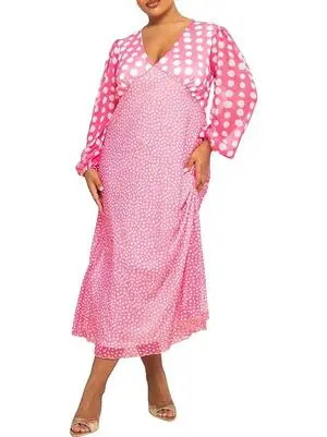 FASHION-SZN CURVE Long Sleeved Polka Dot Midi Dress - Pink
