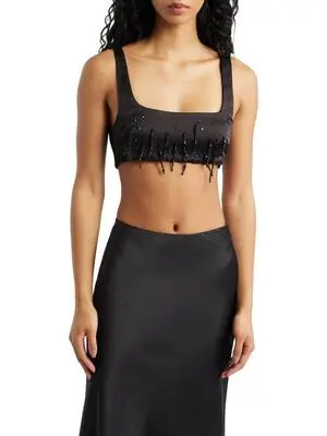 Mango Sleeveless Beaded Satin Crop Top - Black