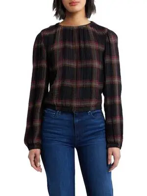 CLOTH & STONE Elastic Shirred Top - Autumn Sunset Plaid