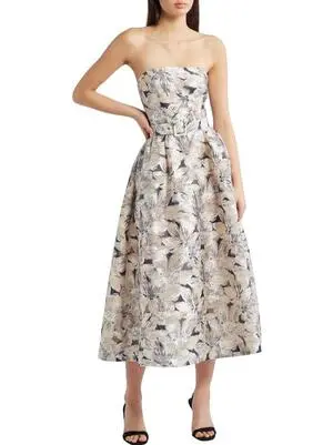 FREEMARKET Strapless Floral Jacquard A-Line Dress