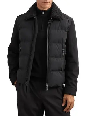 REISS Maximus Mixed Media Quilted Puffer Jacket - Black