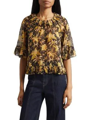 Ulla Johnson Helaine Botanical Print Metallic Flutter Sleeve Silk Blend Top - Forsythia