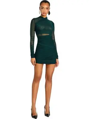SEROYA Moxey Ruched Mesh Mini Dress - Evergreen