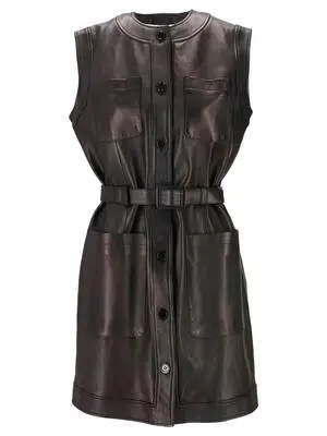 LA ROSE Buttoned Belted Leather Dress - Black