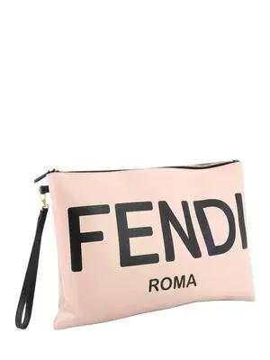 Fendi Logo Wristlet Printed Leather Clutch - Neutrals