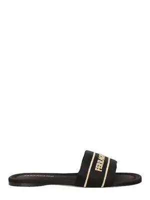 FERRAGAMO Satin Slide Sandals With Embroidered Logo - Black
