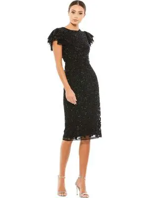 Mac Duggal Flounce Sleeve Beaded Midi Dress - Black
