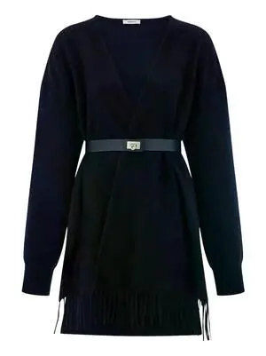 FERRAGAMO Fringed Belted Cardigan - Blue