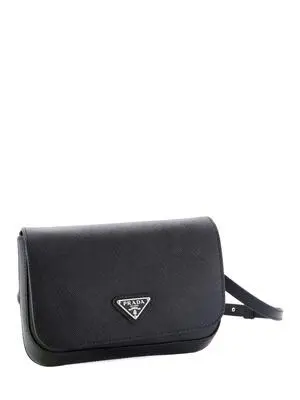 Prada Triangle Logo Full Flap Saffiano Leather Shoulder Bag - Black